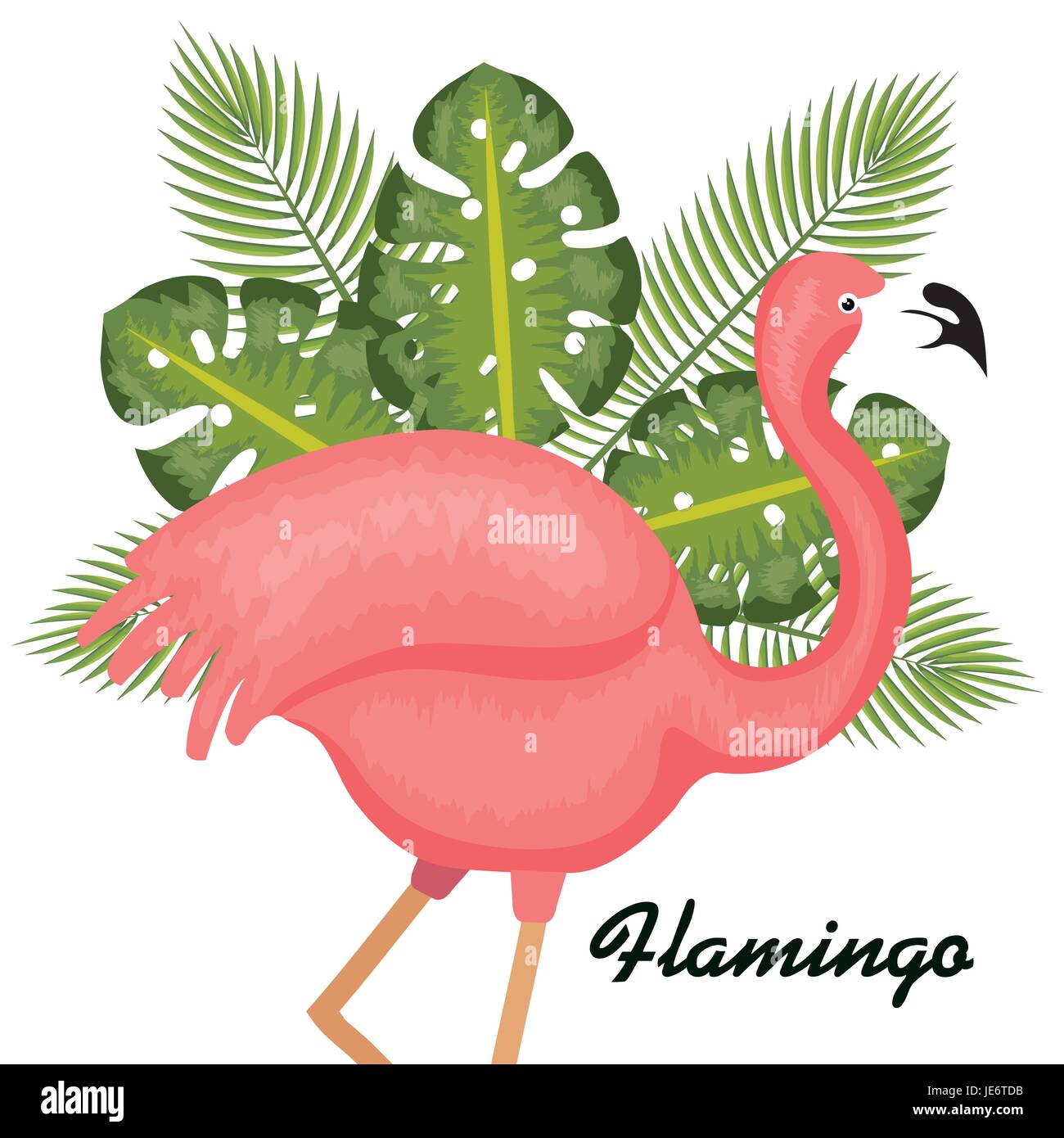 Pink flamingo and tropical leaves over white background vector ...