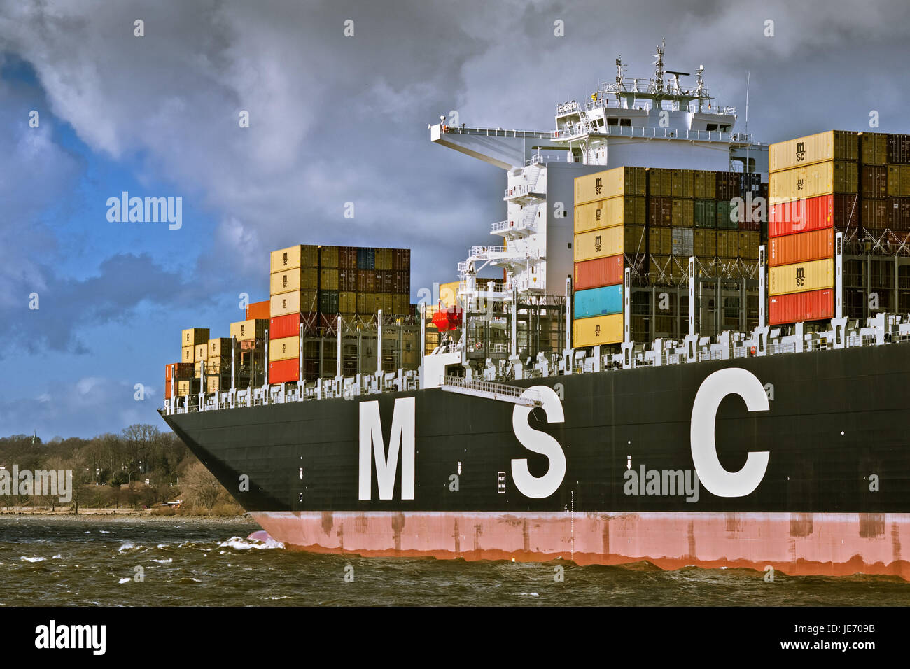 Germany, Hamburg, the Elbe, Övelgönne, container ship Stock Photo - Alamy