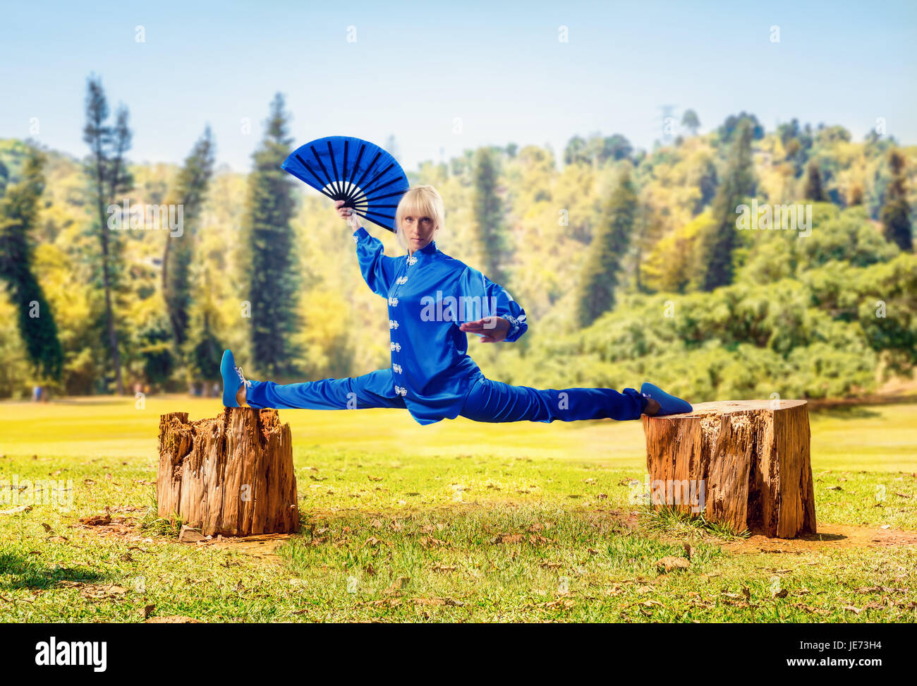 Female wushu master with fan sits on a twine, martial arts, green ...