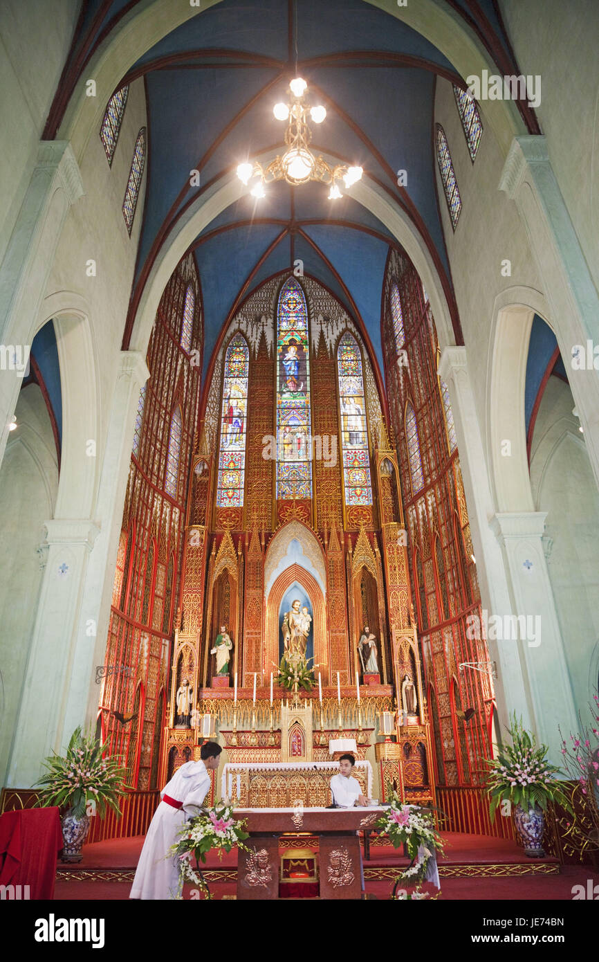Vietnam, Hanoi, Cathedral Saint Joseph, interior view, priest, altar ...
