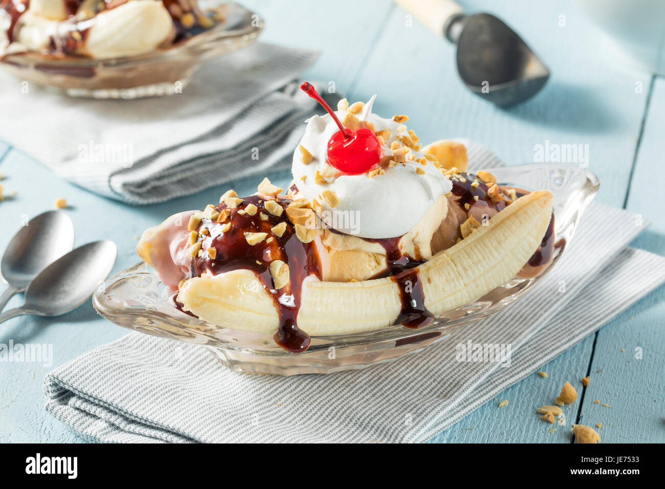 Sweet Homemade Banana Split Sundae With Chocolate Vanilla Strawberry