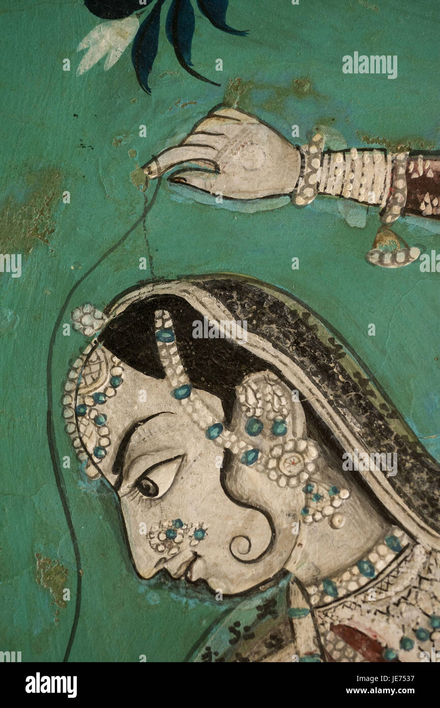 India, Rajasthan, Bundi, Garh Palace, Chitrashala pavilion, mural ...