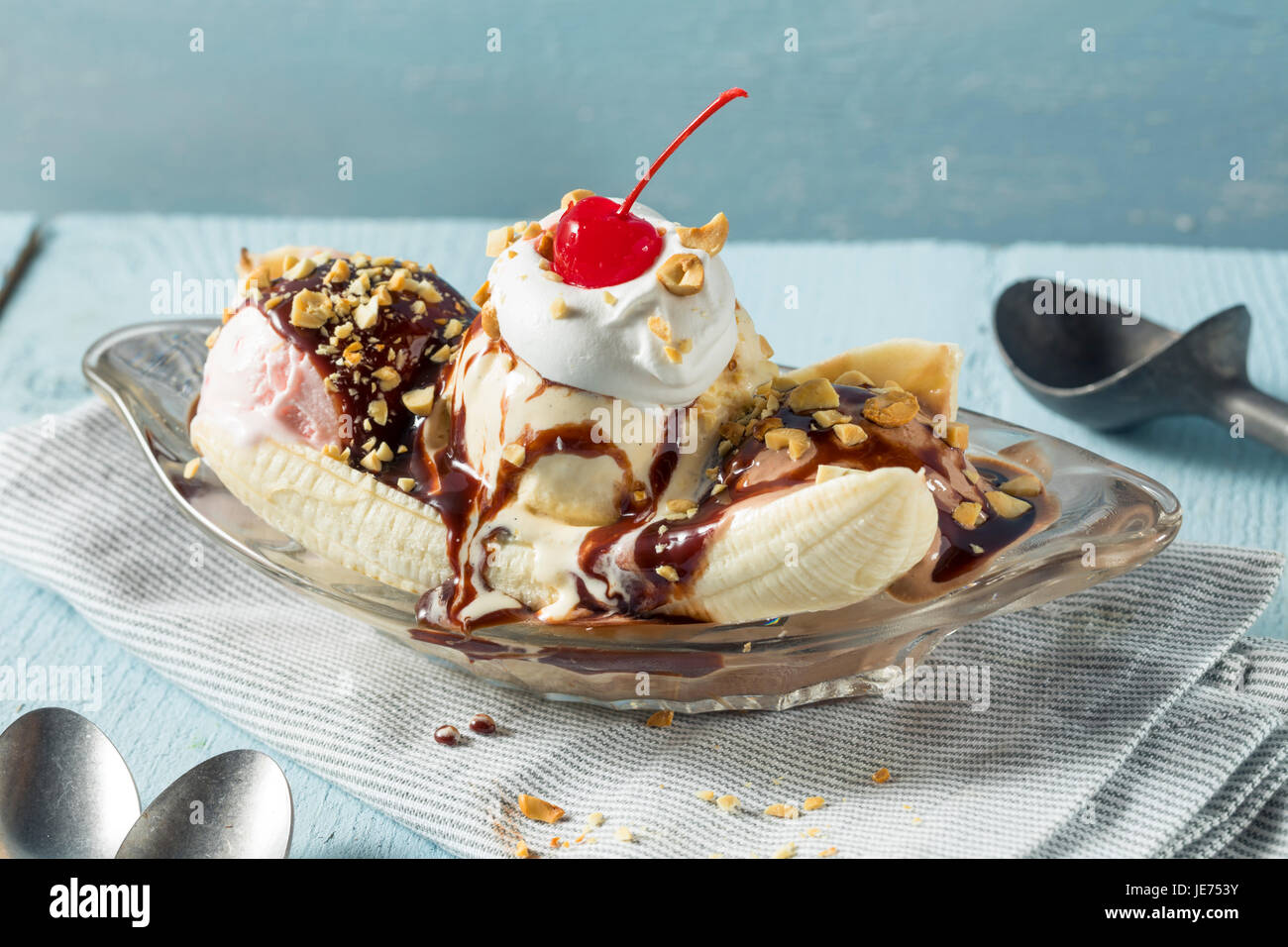 Sweet Homemade Banana Split Sundae with Chocolate Vanilla Strawberry ...