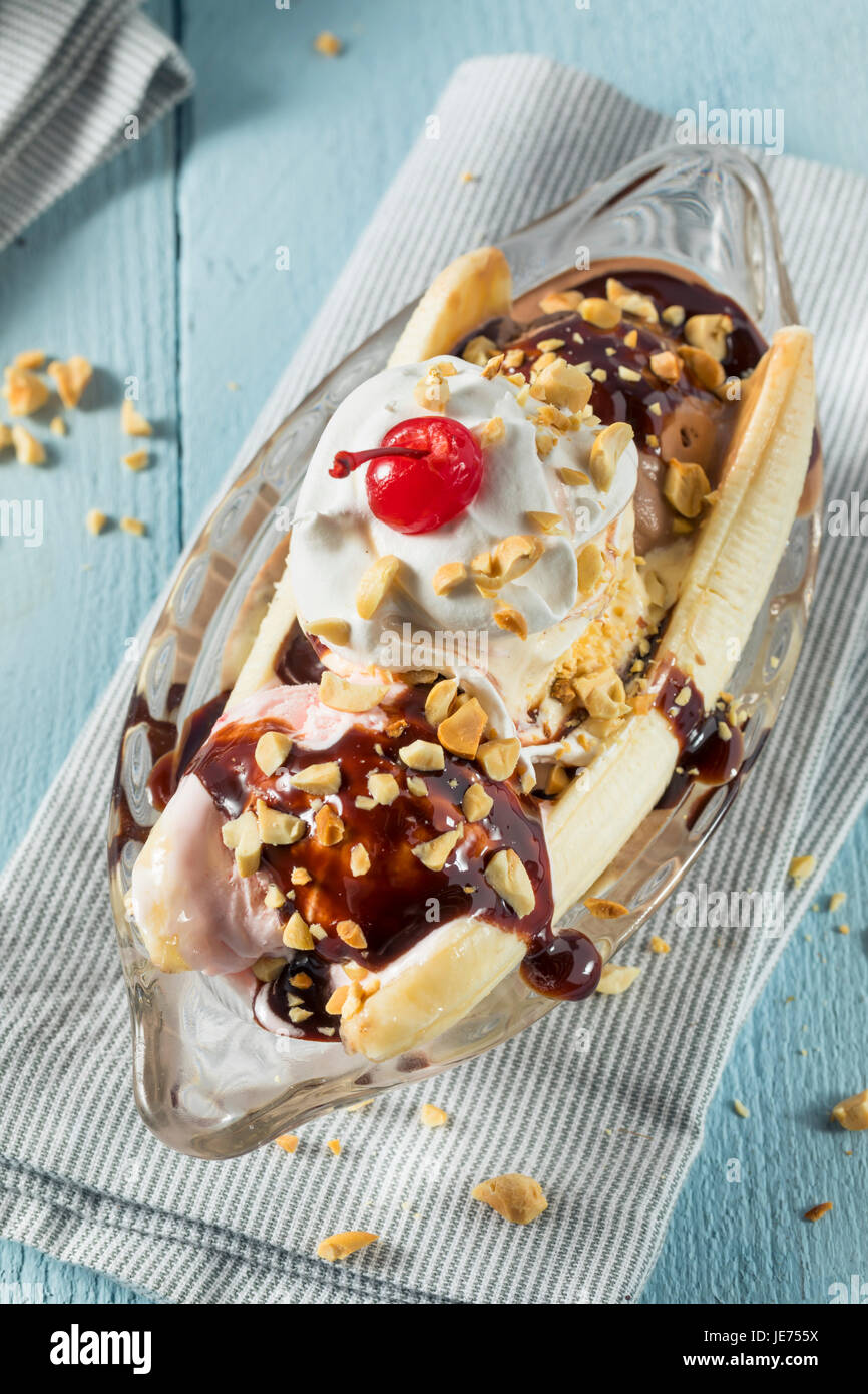 Sweet Homemade Banana Split Sundae With Chocolate Vanilla Strawberry