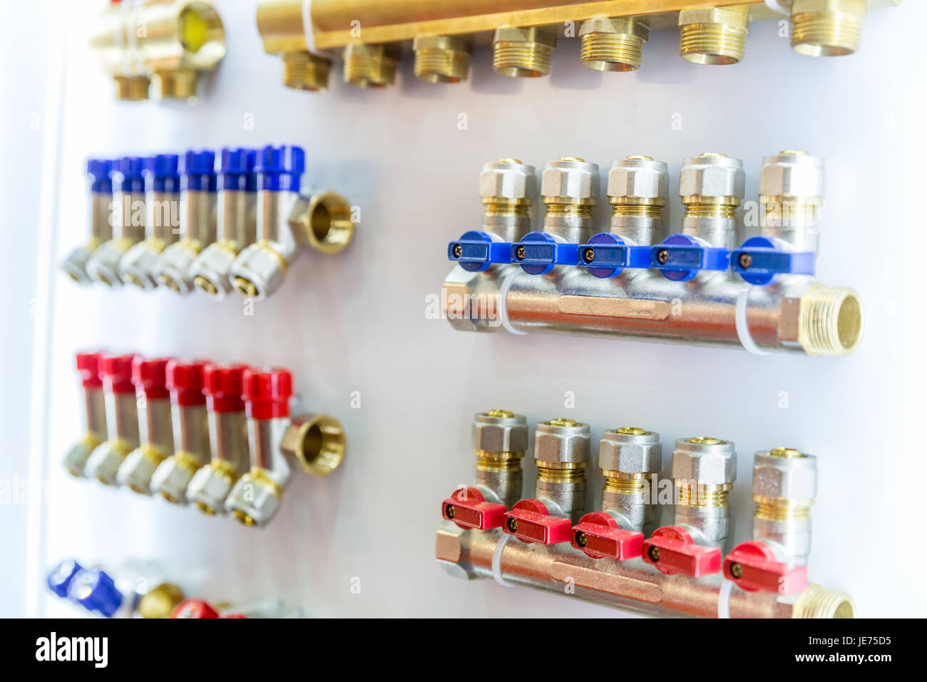 Floor heating collectors, plumbing shop. Hydraulic climate system Stock ...
