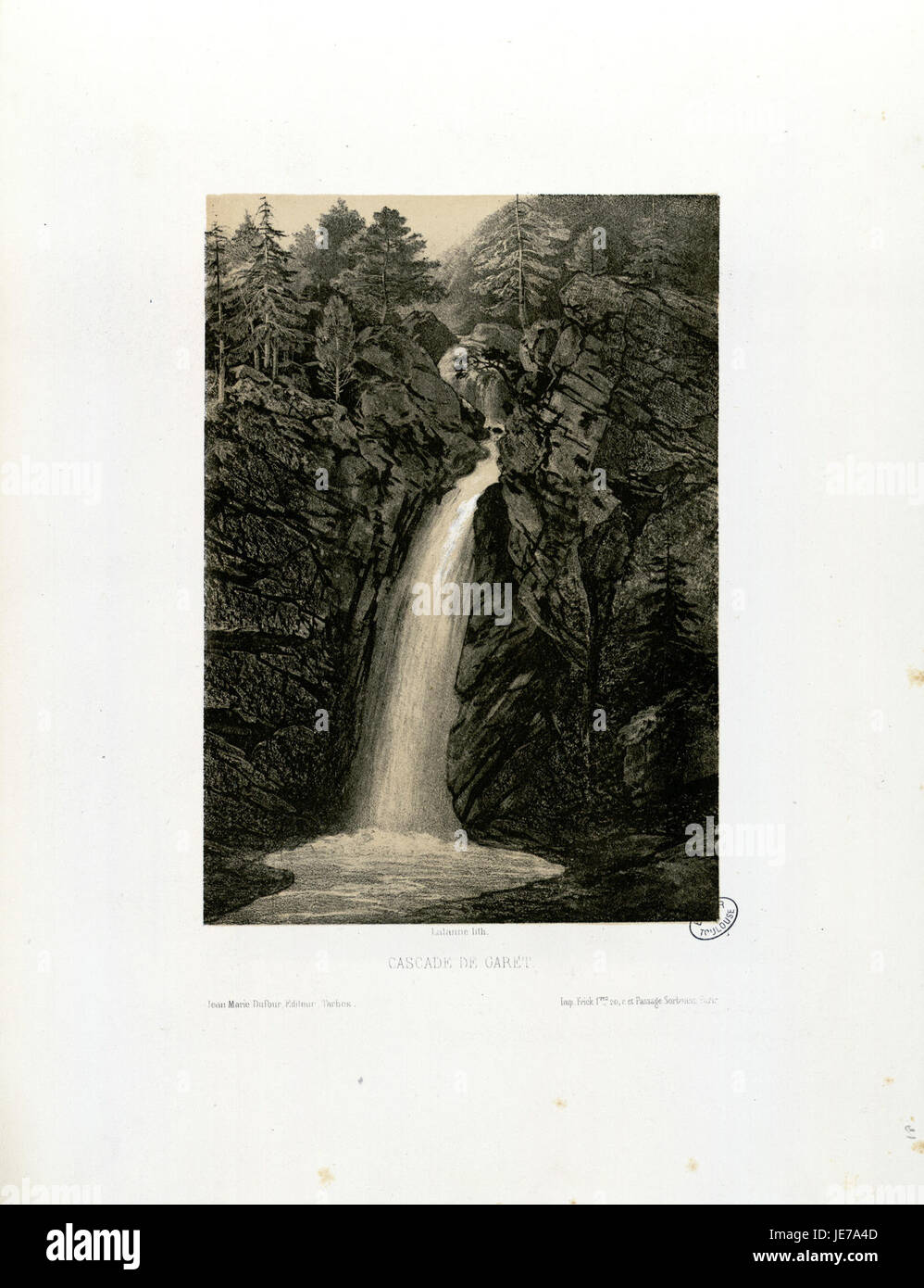 This photograph depicts the Cascade de Garet, a waterfall located in ...