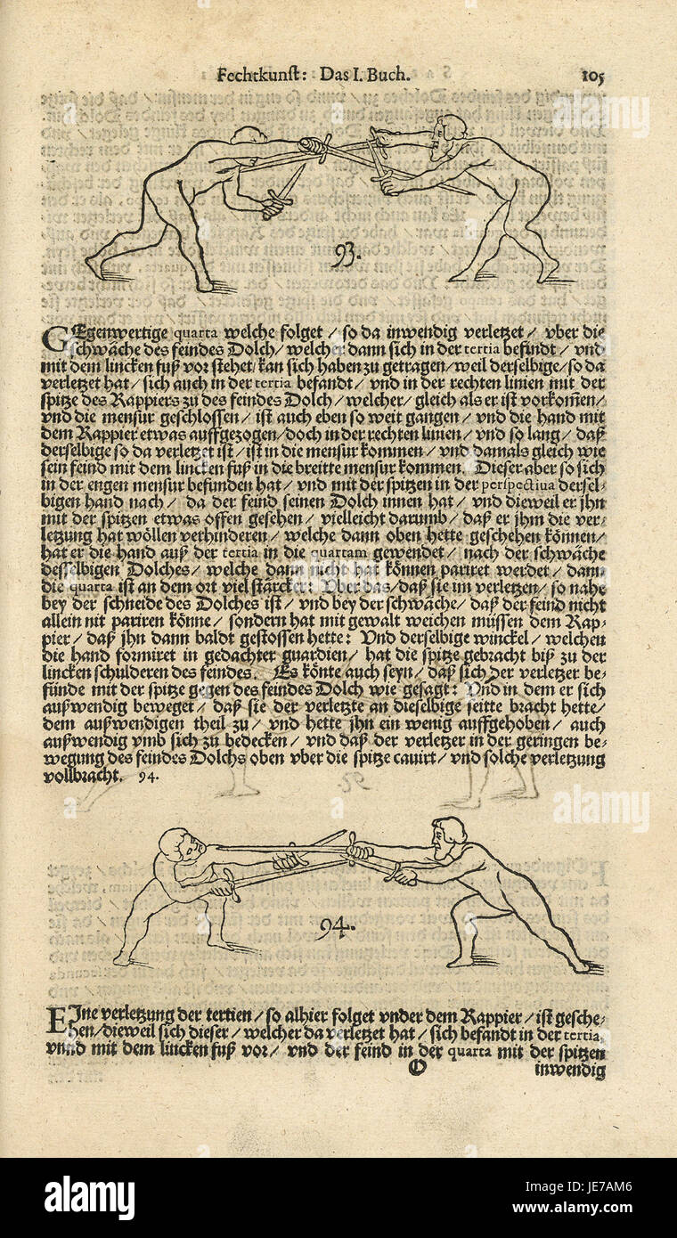 This artwork, titled 'De Fechten,' by Fabri is a depiction of medieval fencing or combat ...