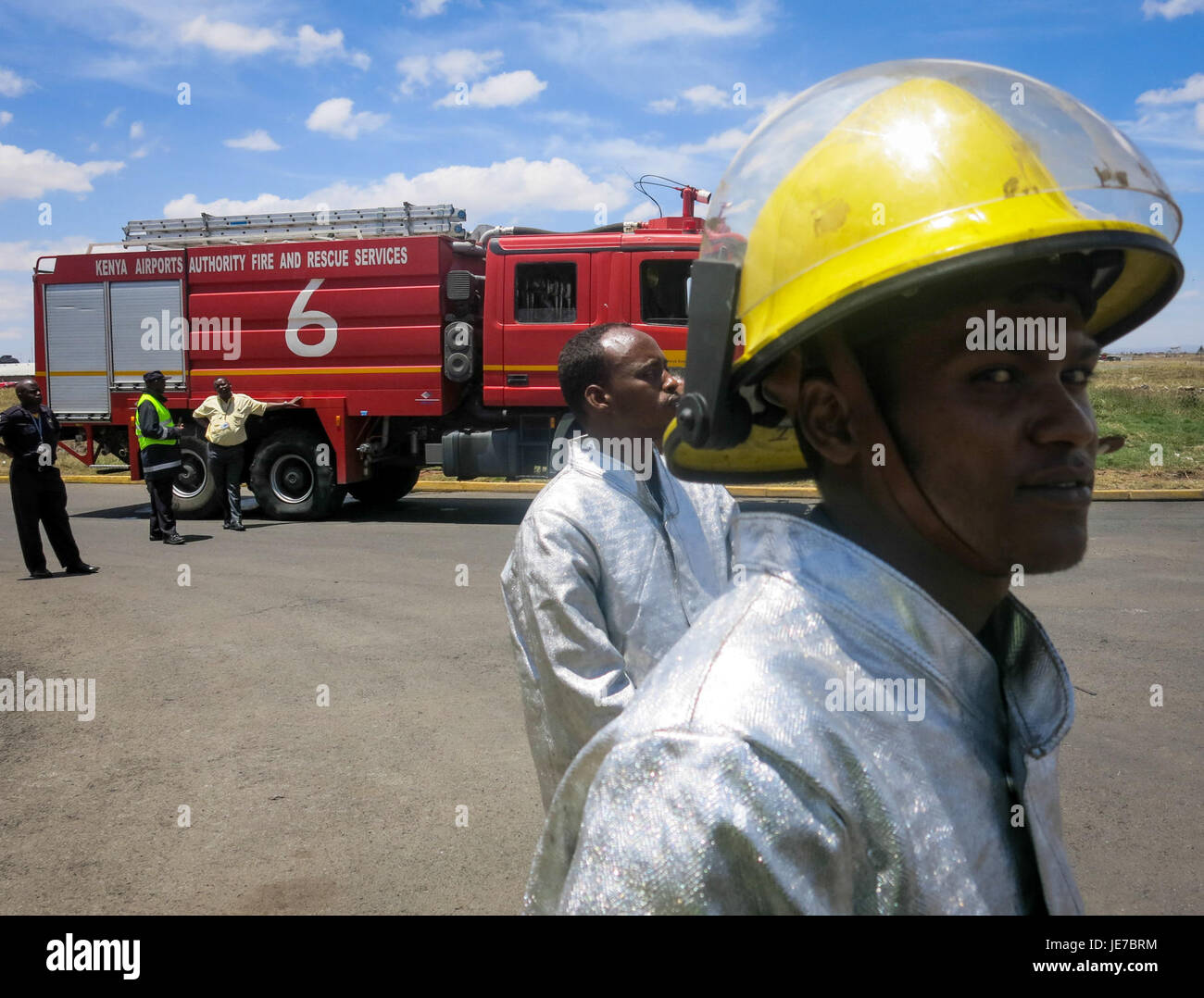 The image captures Somali firefighters undergoing training in Nairobi ...