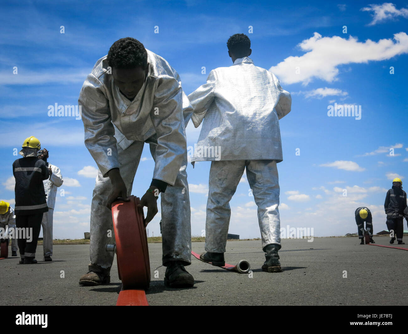 The image shows Somali firefighters receiving training in Nairobi ...