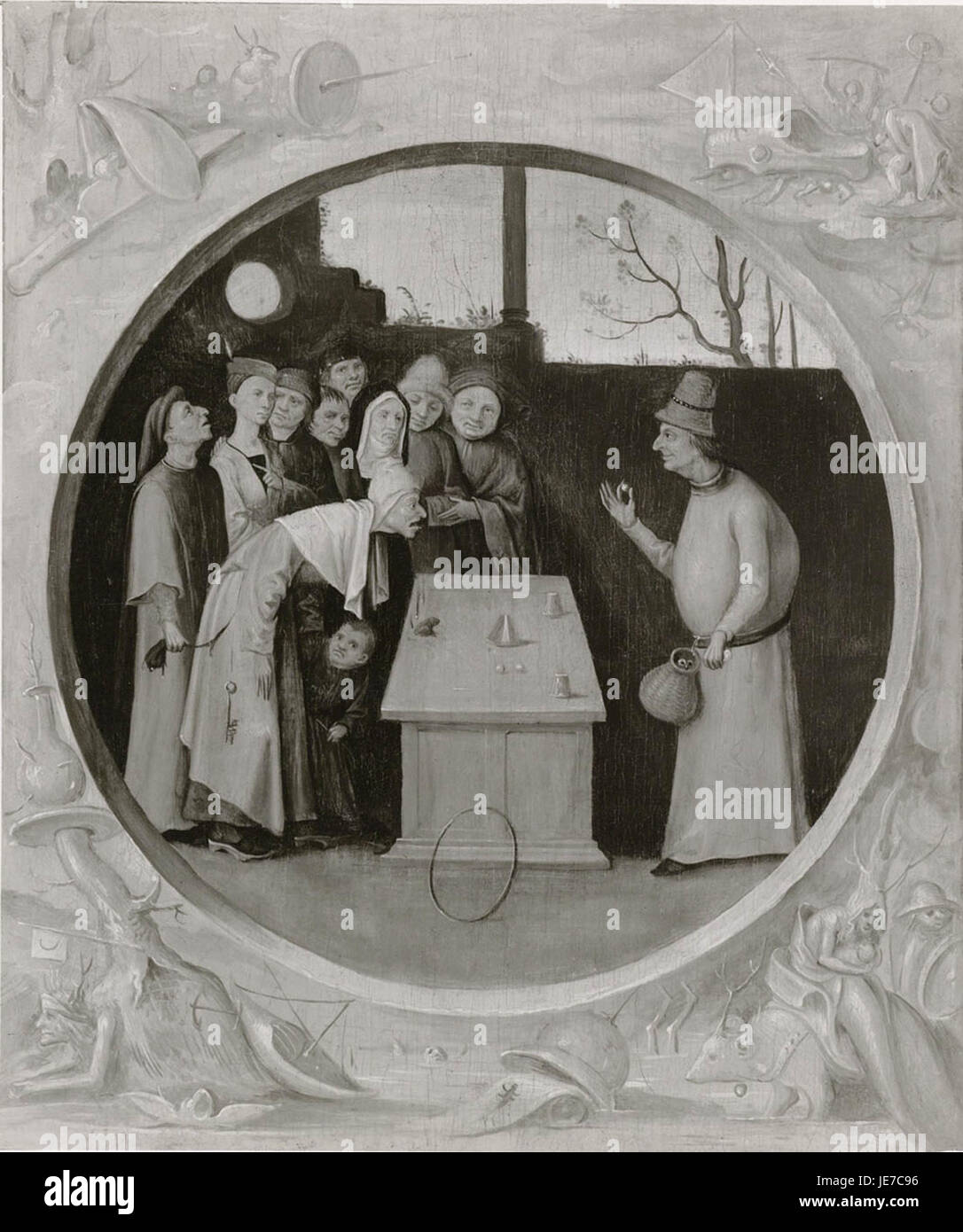 A painting inspired by Jheronimus Bosch's 'The Conjurer', featuring ...