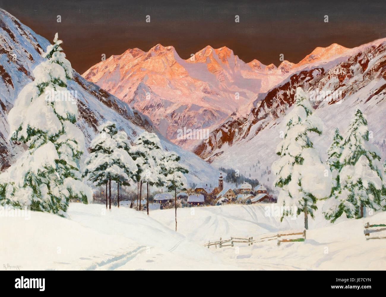 A painting by Alwin Arnegger titled 'Alpine Gebirgsszene,' depicting a ...