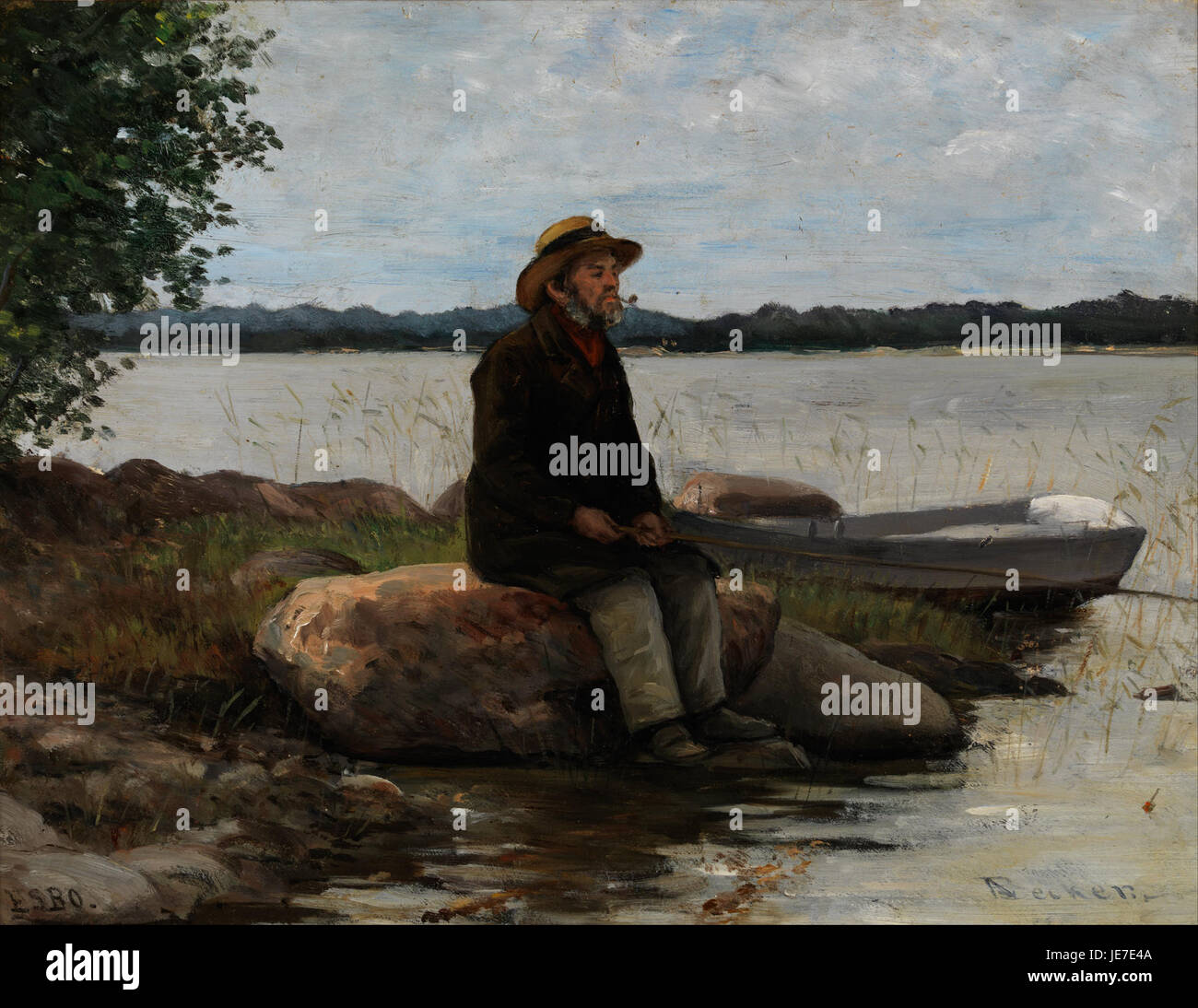 'An Angler' is a painting by Adolf Becker, depicting a man fishing in a ...