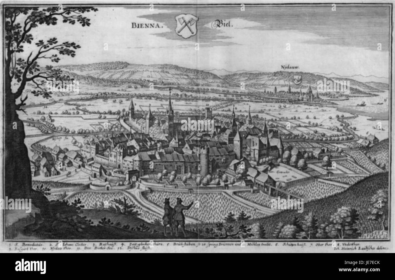 Biel, a city in Switzerland, is featured in a map by Merian. The map ...