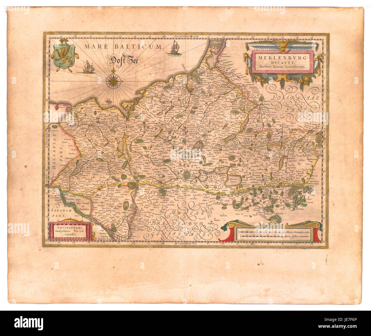 This map by Blaeu, dated 1645, represents the Duchy of Mecklenburg, an ...