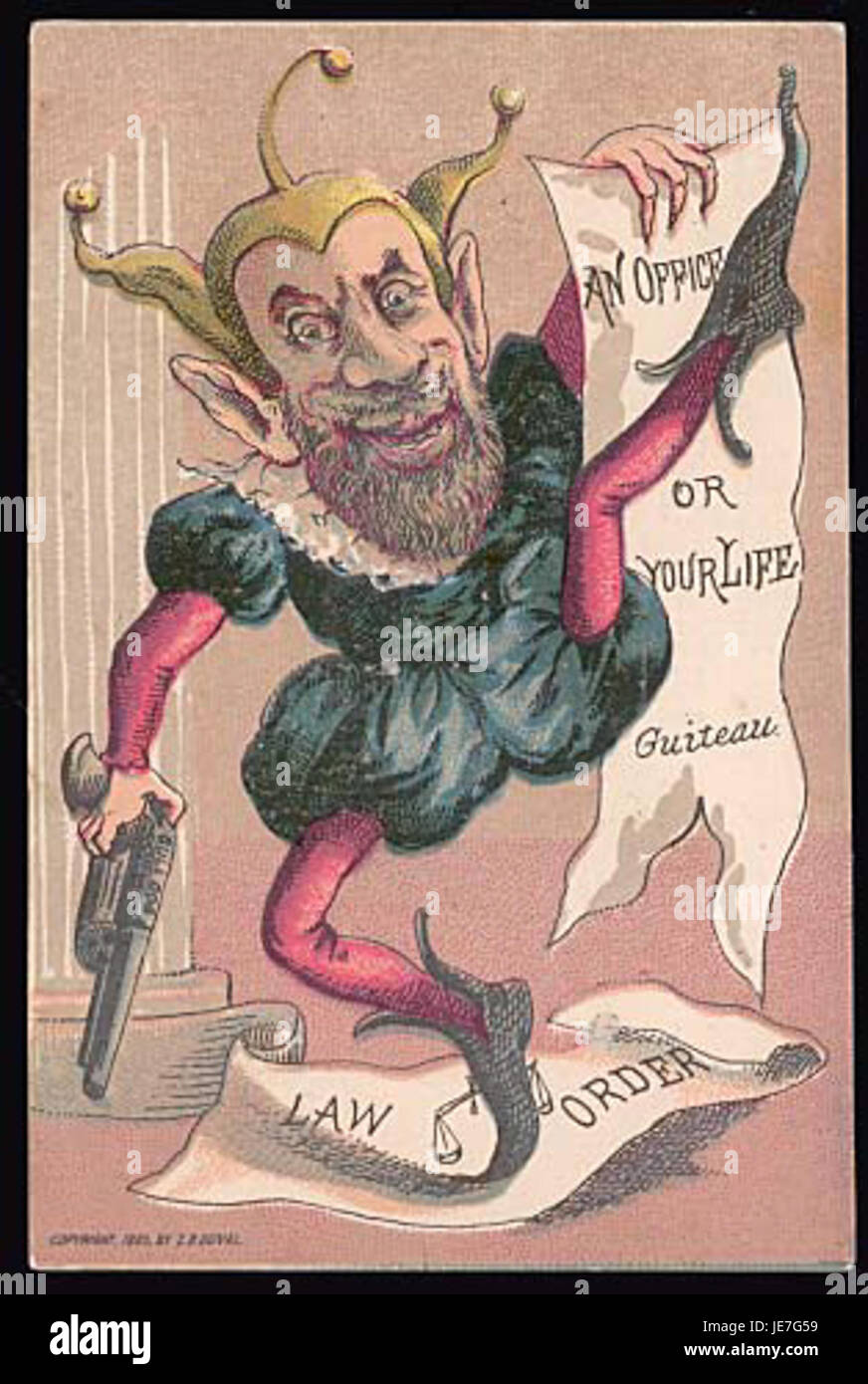 This cartoon by Miriam Leslie, drawn in 1914, depicts Charles Guiteau ...