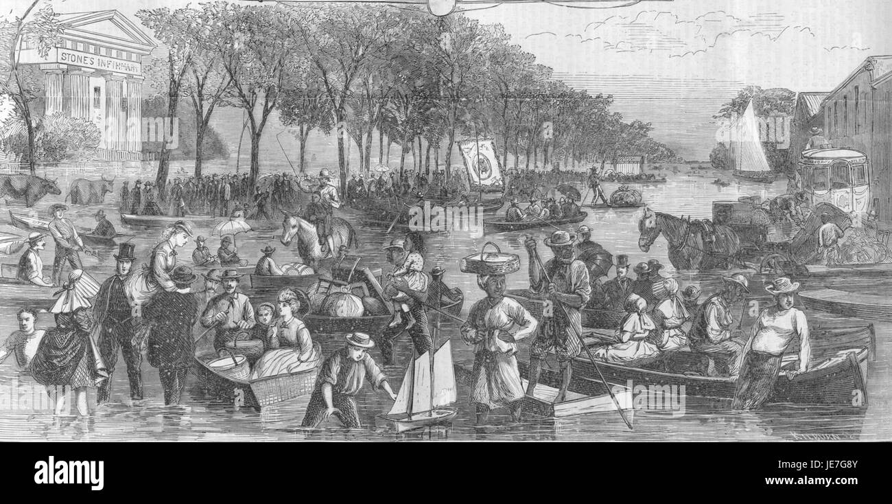 A historical photograph documenting the Canal Claiborne flood in 1871 ...