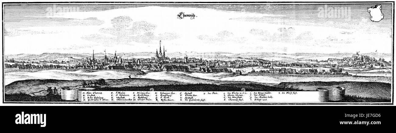 The 1650 engraving by Merian depicts Chemnitz, a city in Germany ...