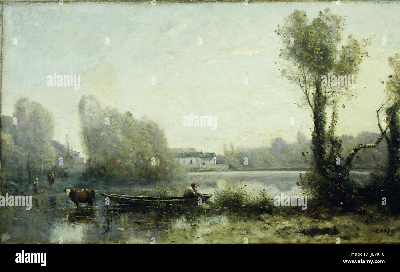 This painting by Jean-Baptiste-Camille Corot depicts a rural landscape ...
