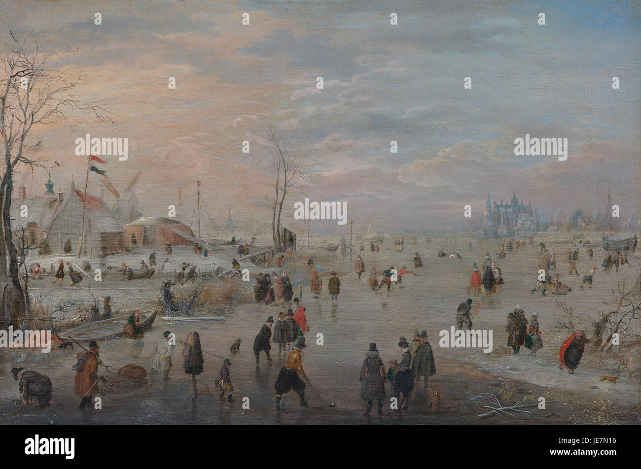 A work by Hendrick Avercamp, depicting a winter scene of ice skating and people enjoying outdoor ...