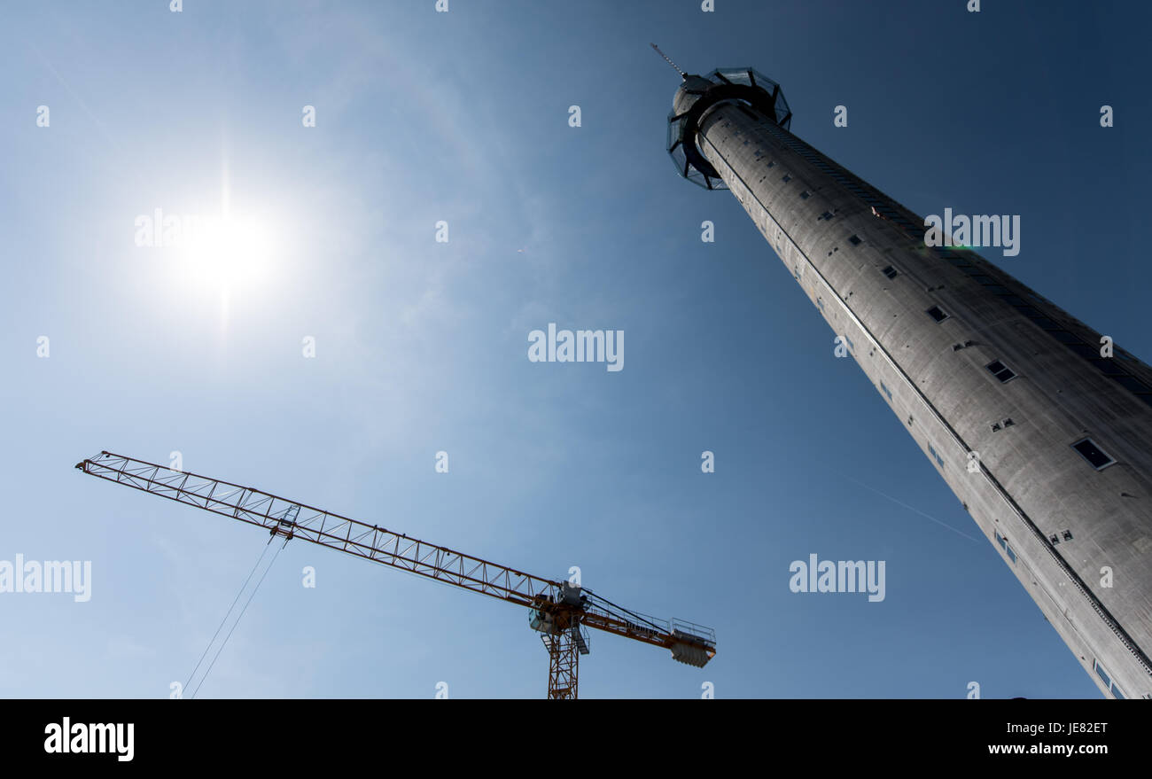 The exterior of a tower used by Thyssenkrupp to test new lift systems ...