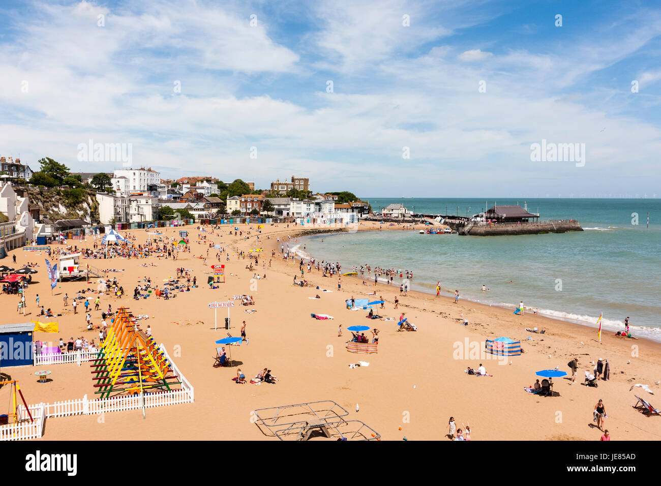 Beach with sunbathes on at Broardstairs seaside resort. High viewpoint ...