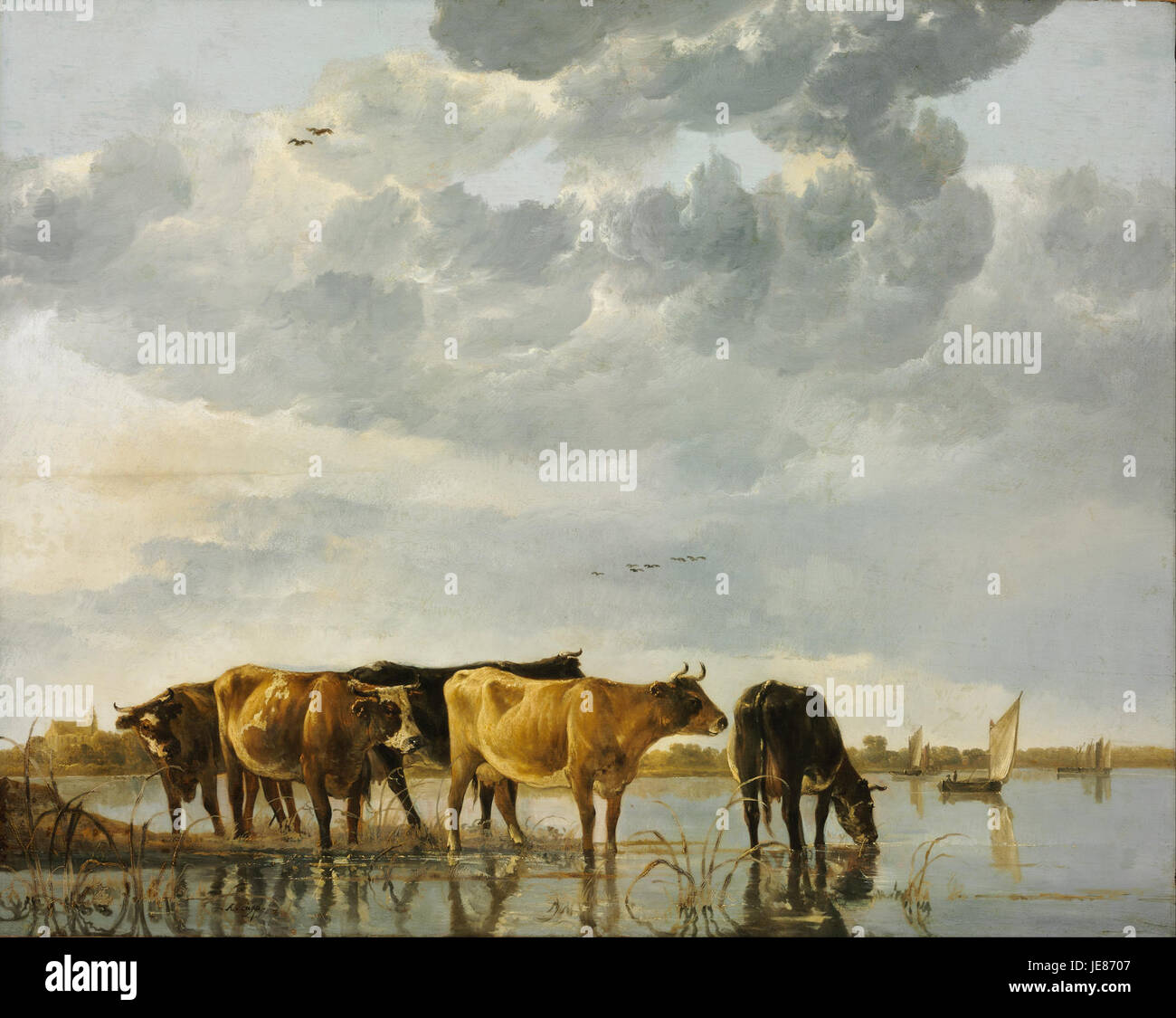 Aelbert Cuyp's 'Cows in a River' is a Dutch landscape painting that ...