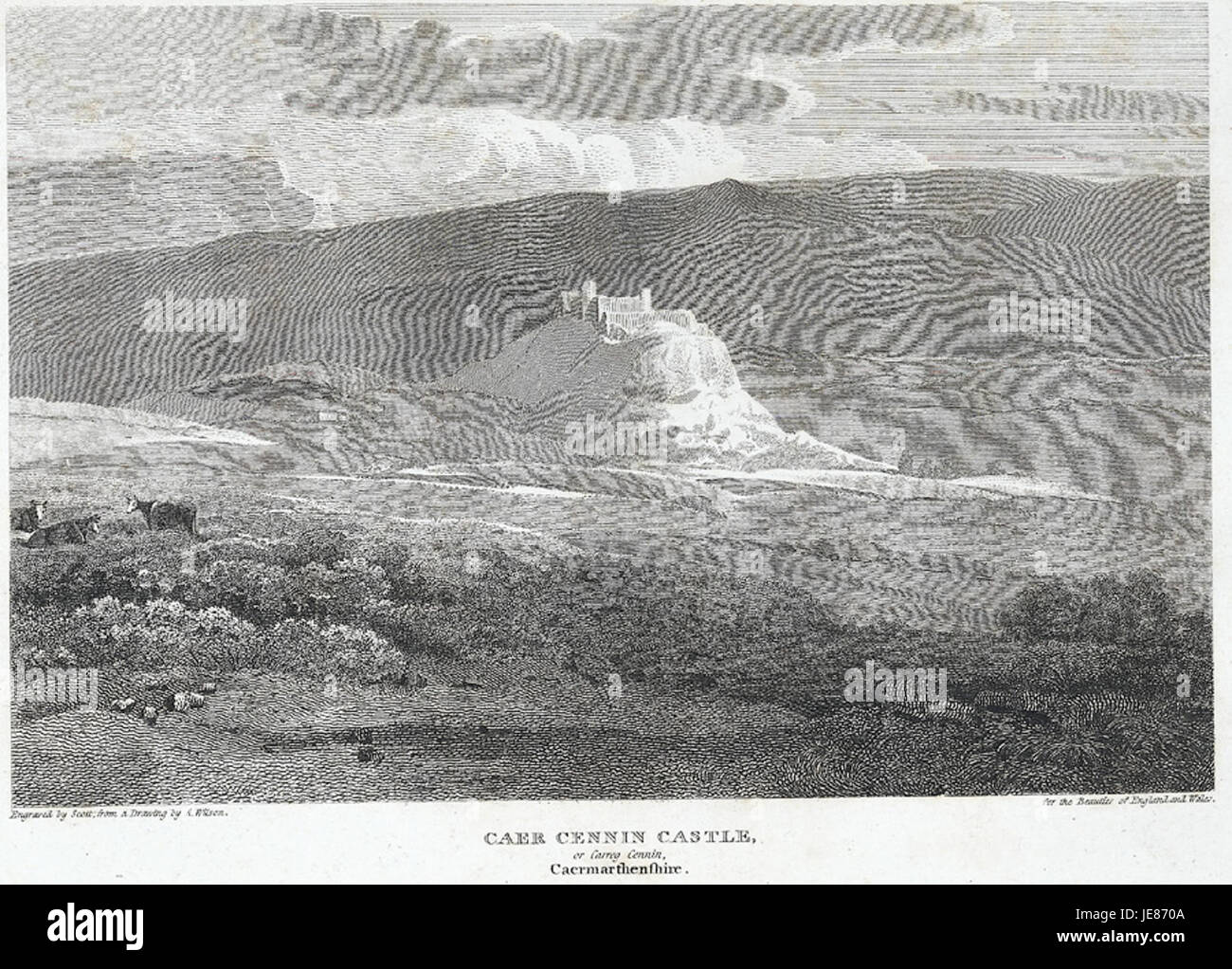An engraving of Caer Cennin Castle, also known as Carreg Cennin, in ...
