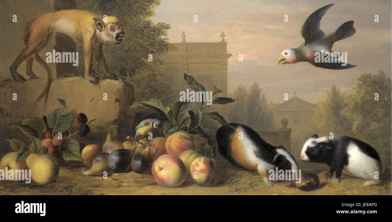 The scene depicts a Capuchin squirrel monkey, two guinea pigs, a blue ...