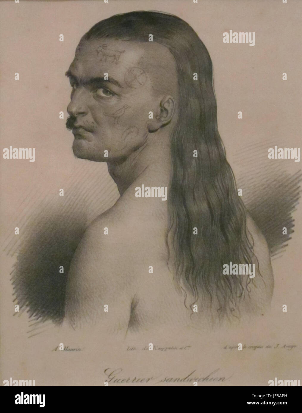 The lithograph titled 'Tattooed Hawaiian Chief' was created after a ...