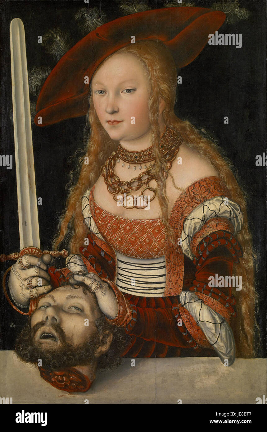 This painting by Lucas Cranach the Elder, titled Judith with the Head of Holofernes, depicts the ...