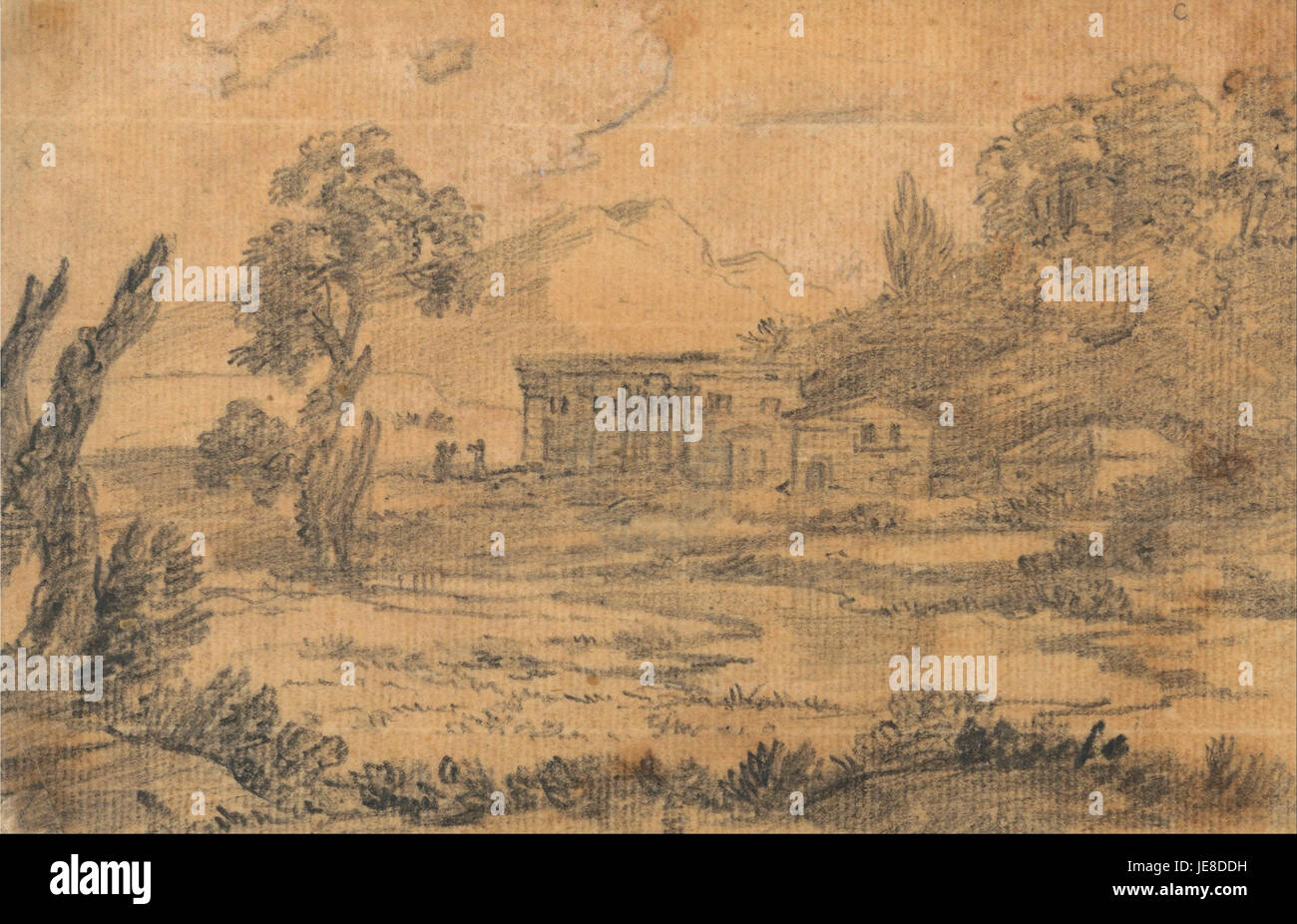 This landscape painting by Alexander Cozens depicts buildings near a ...