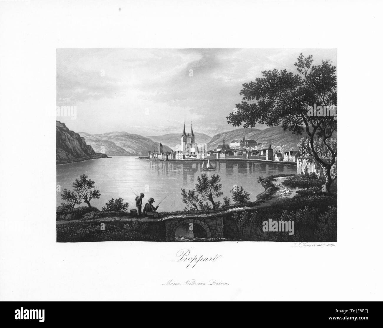 A painting titled 'Andenken an den Rhein' from 1840, depicting a scenic ...