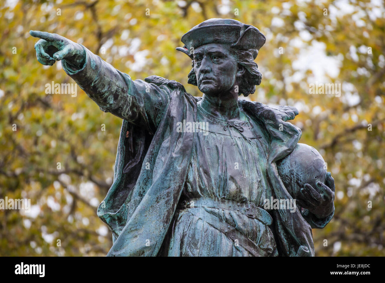 A close-up view of the Christopher Columbus statue, located in an ...