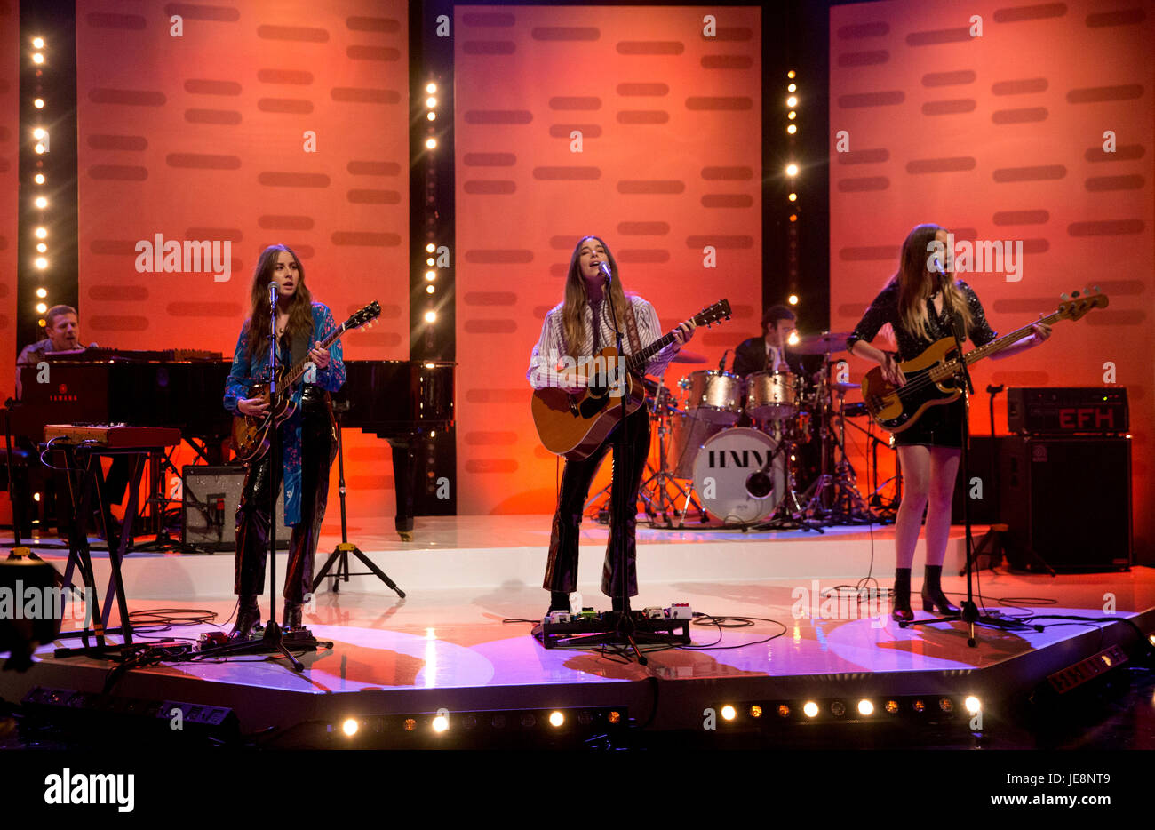American rock band Haim performing during filming of the Graham Norton ...