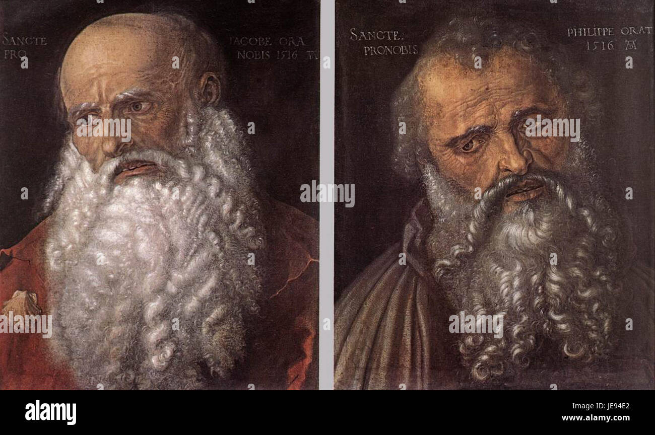 A detailed engraving by Albrecht Dürer depicting Saint James and Saint ...