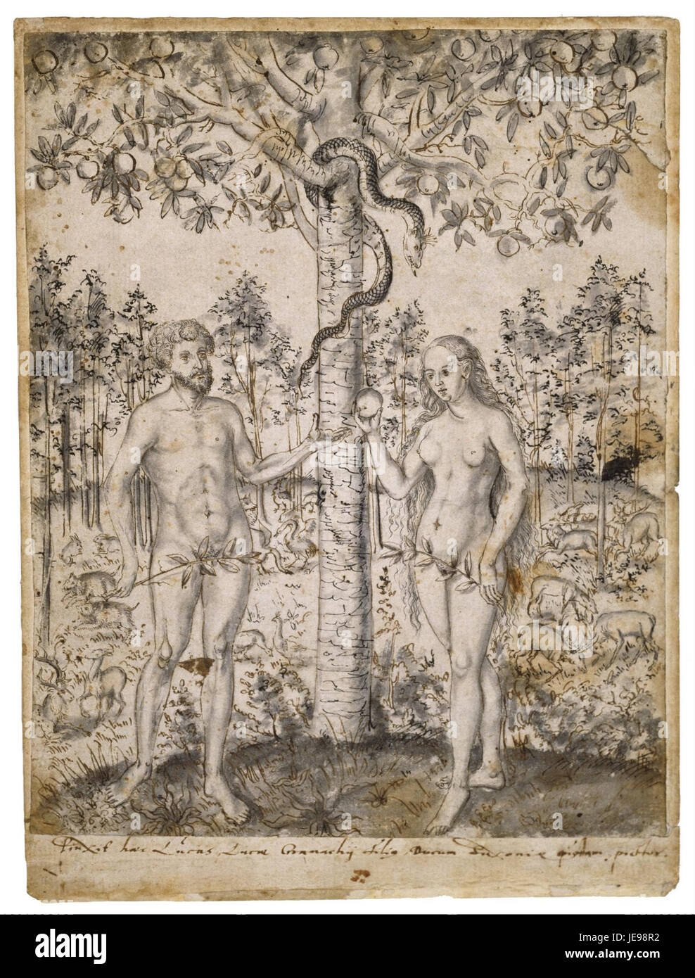 'The Fall of Man' by Lucas Cranach the Younger depicts the biblical scene of Adam and Eve in the ...