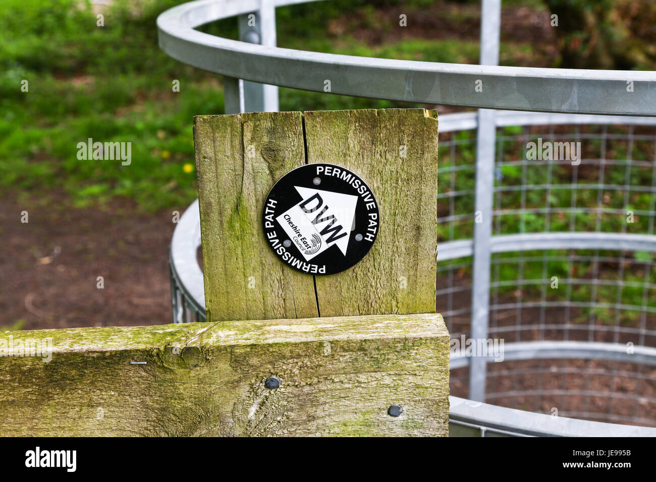 Dane Valley Way long distance footpath way-marker on a wooden post ...