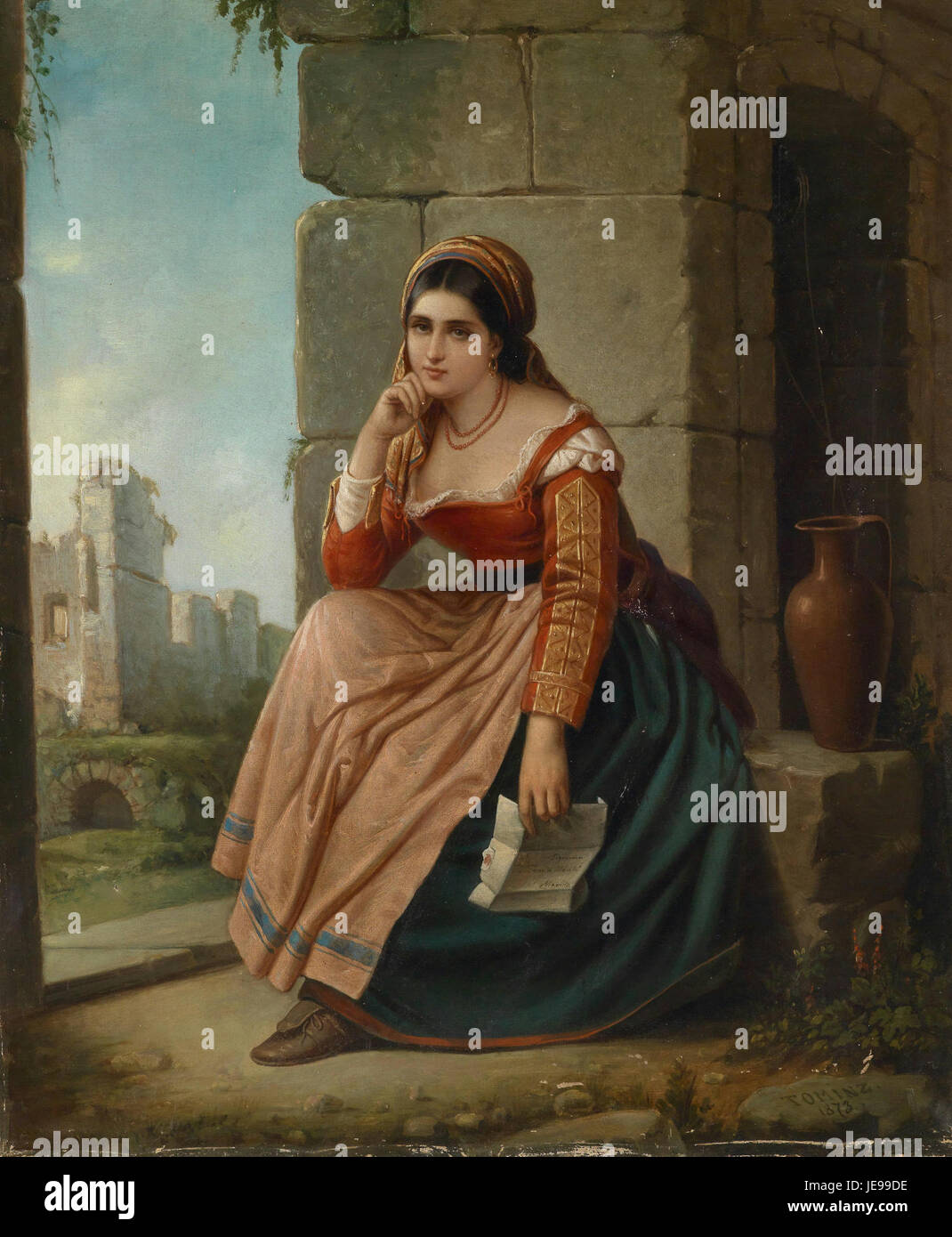 'The Letter' by Augusto Tominz, painted in 1873, depicts a woman ...