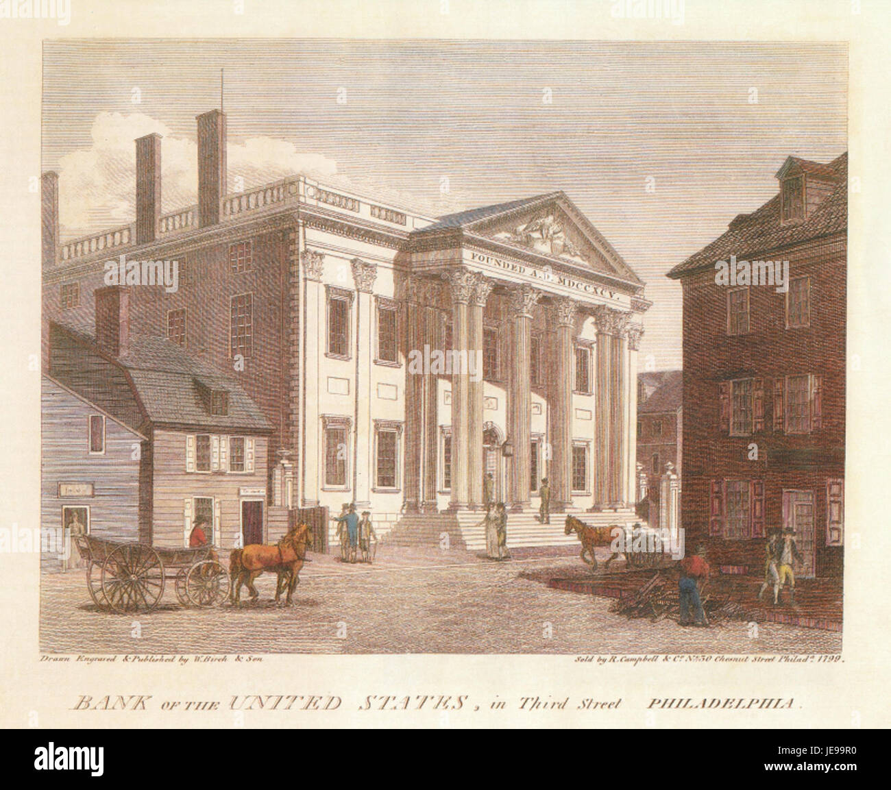 The image depicts an engraving of the Bank of the United States, from ...