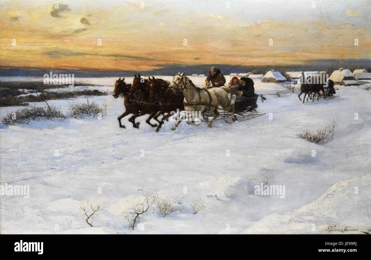A painting by Alfred Wierusz-Kowalski titled 'Kulig w zimowym ...