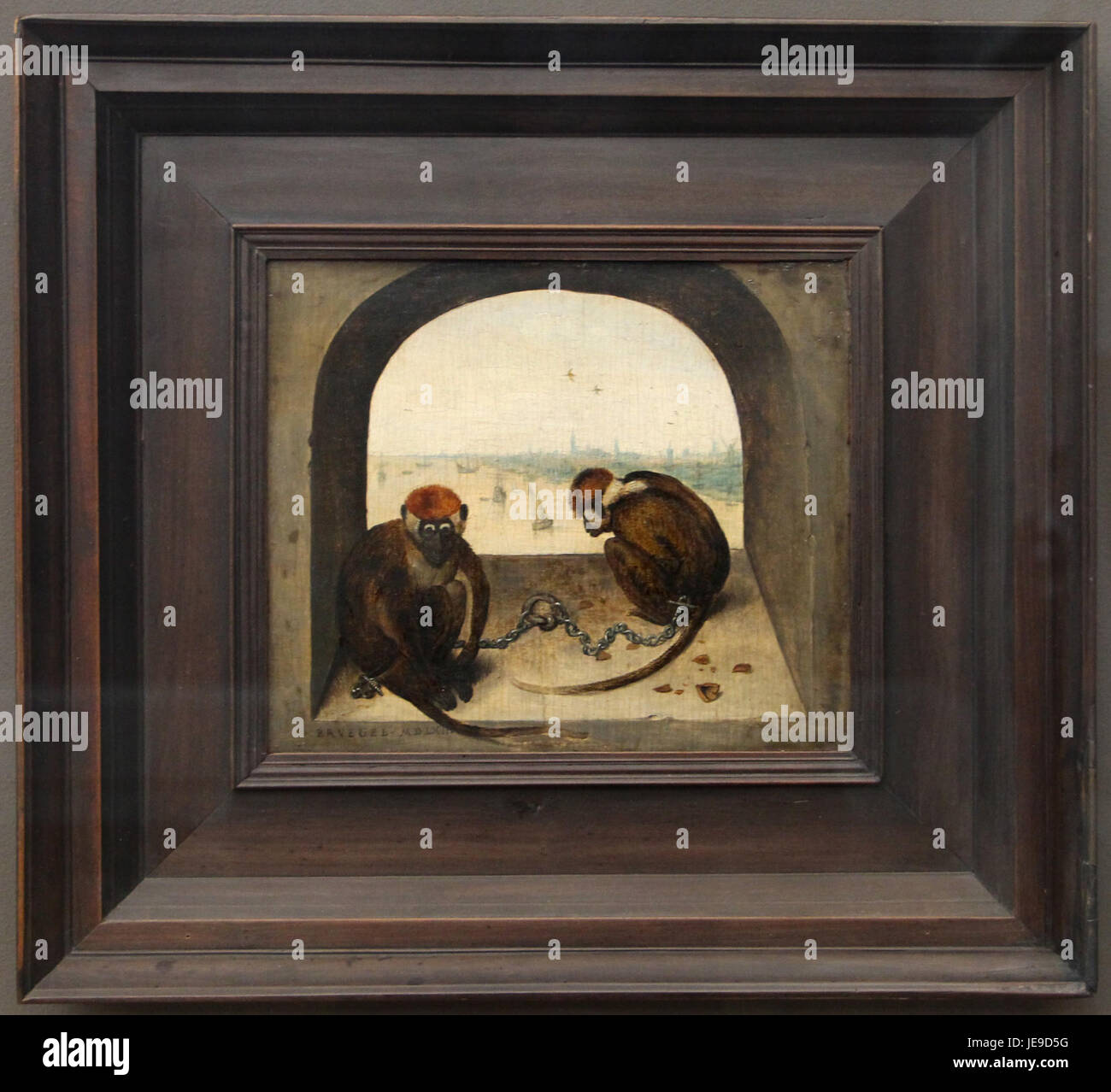 The painting 'Due scimmiette incatenate' (Two Chained Monkeys), created ...