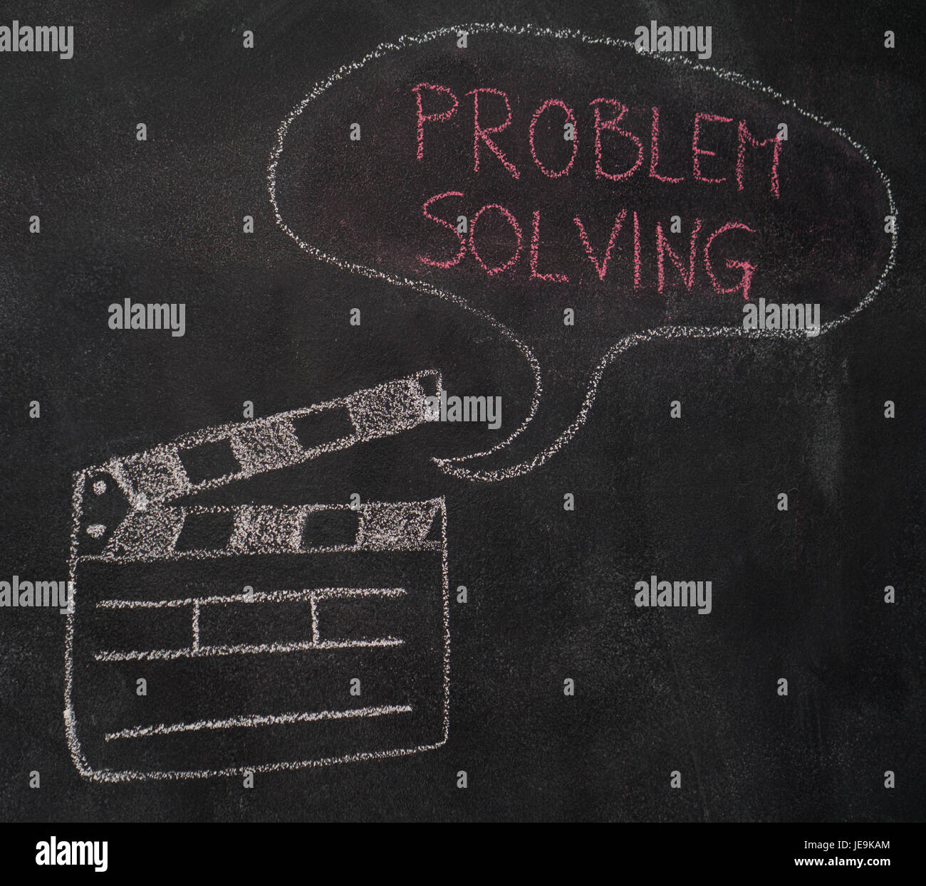 Open movie clapper and speech bubble with problem solving writing drawn ...