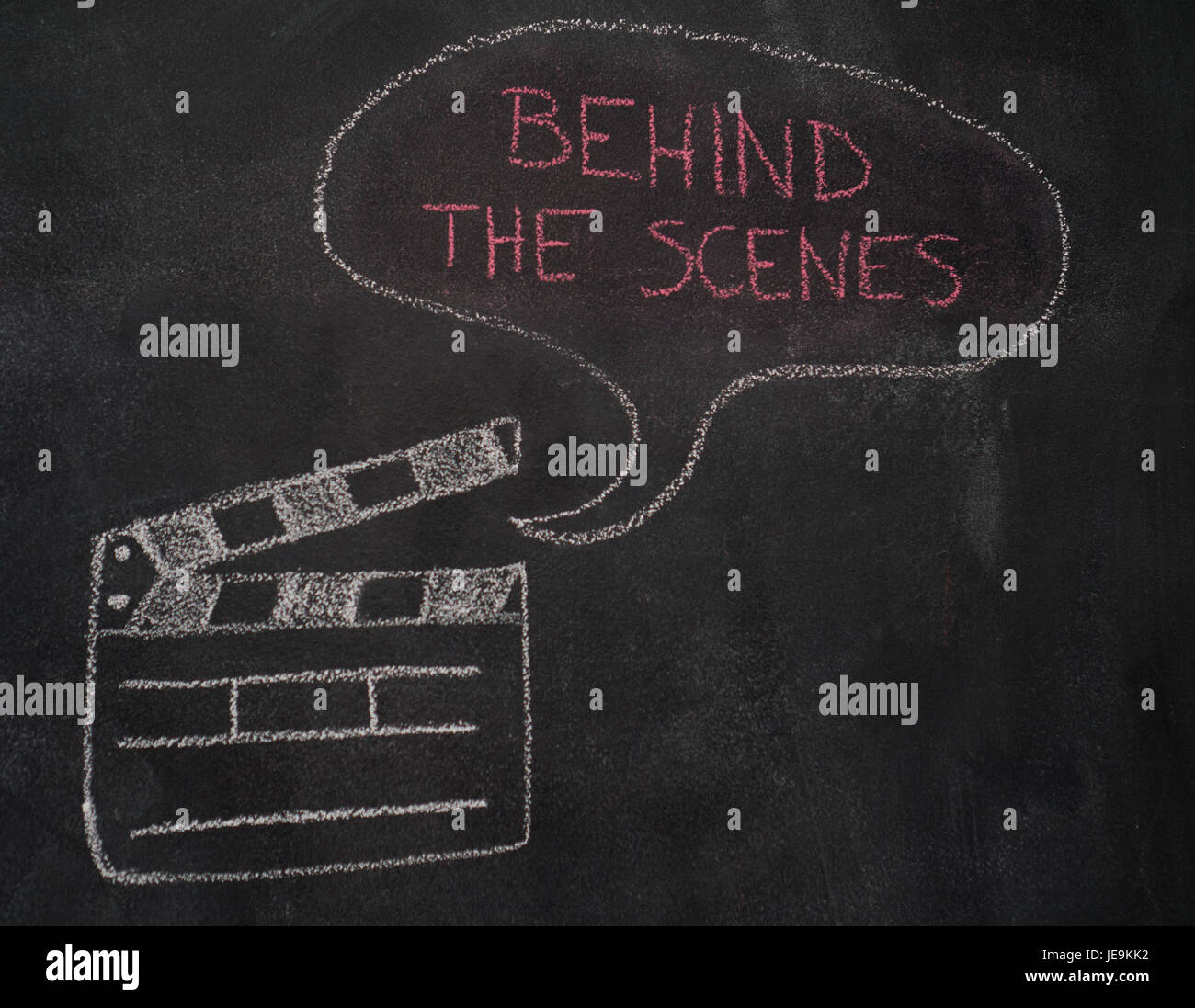 Open movie clapper and speech bubble with behind the scenes writing ...