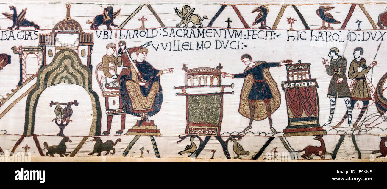 The Bayeux Tapestry scene 23 depicts the moment where Harold of Wessex ...