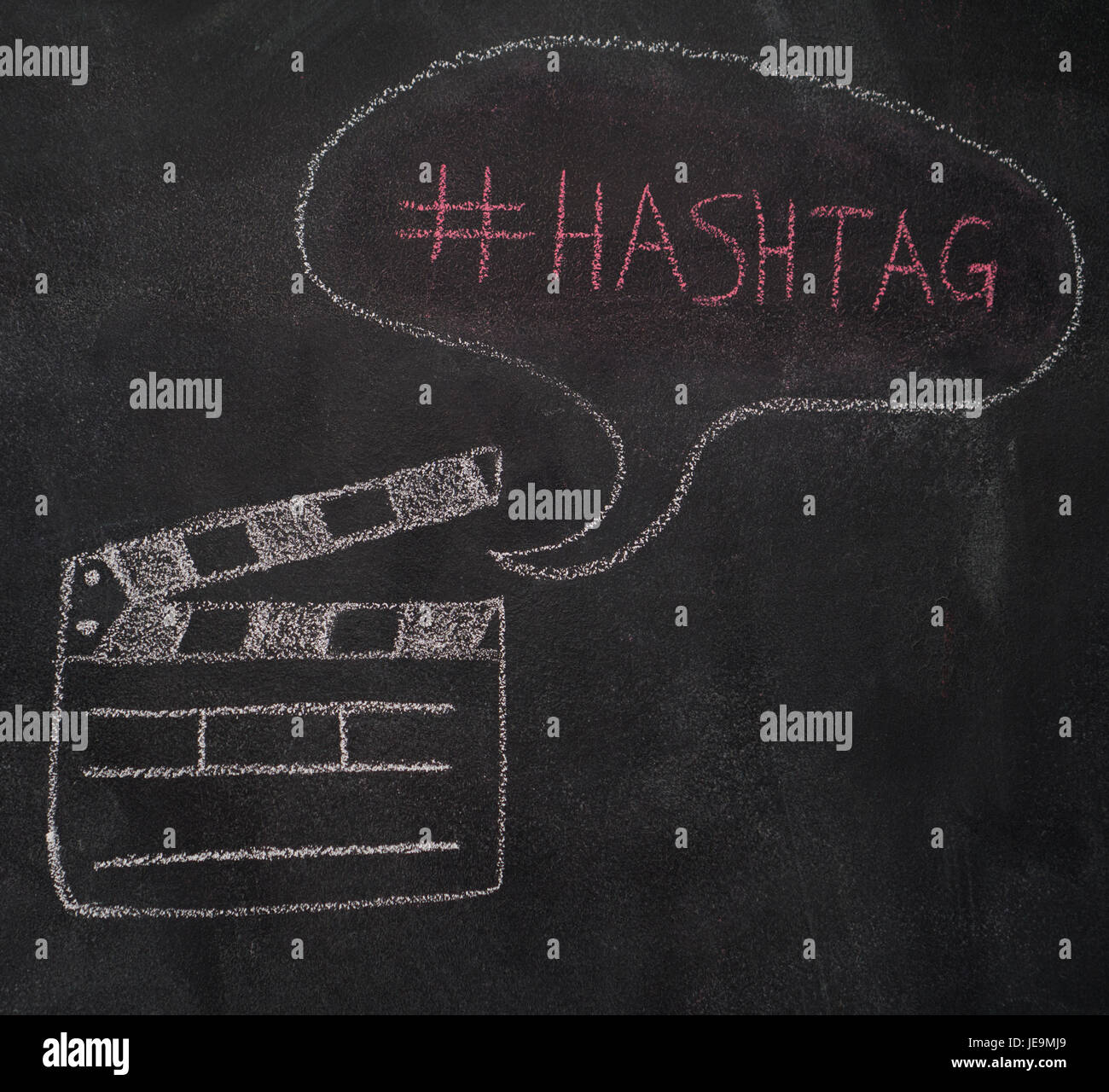 Open movie clapper and speech bubble with #hashtag word drawn with ...