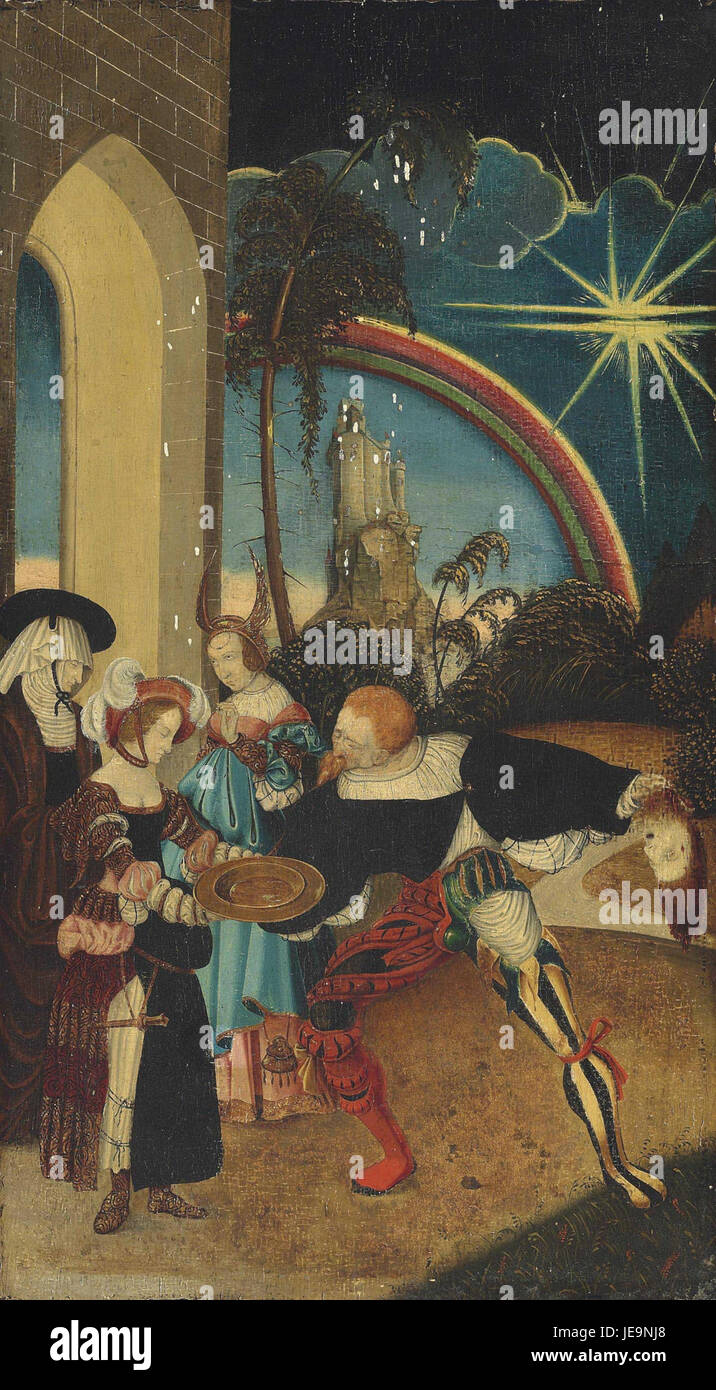 A painting in the style of Lucas Cranach I, depicting Salome receiving ...