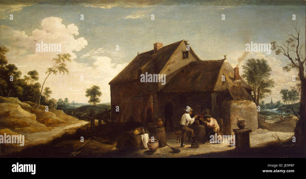 A painting by David Teniers the Younger titled 'Landscape with Peasants ...
