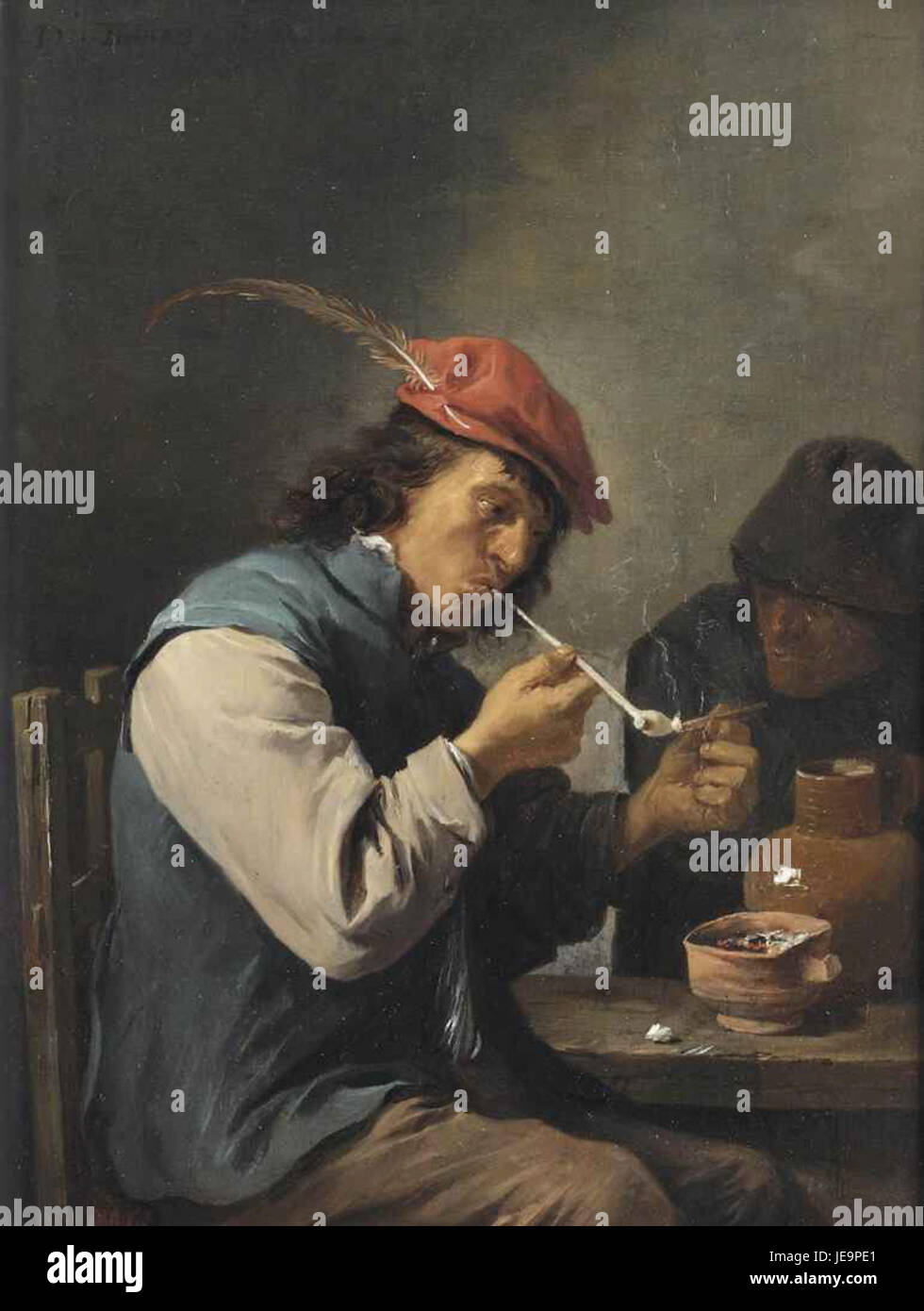 David teniers ii le fumeur flamand a smoker lighting a pipe in an inte ...
