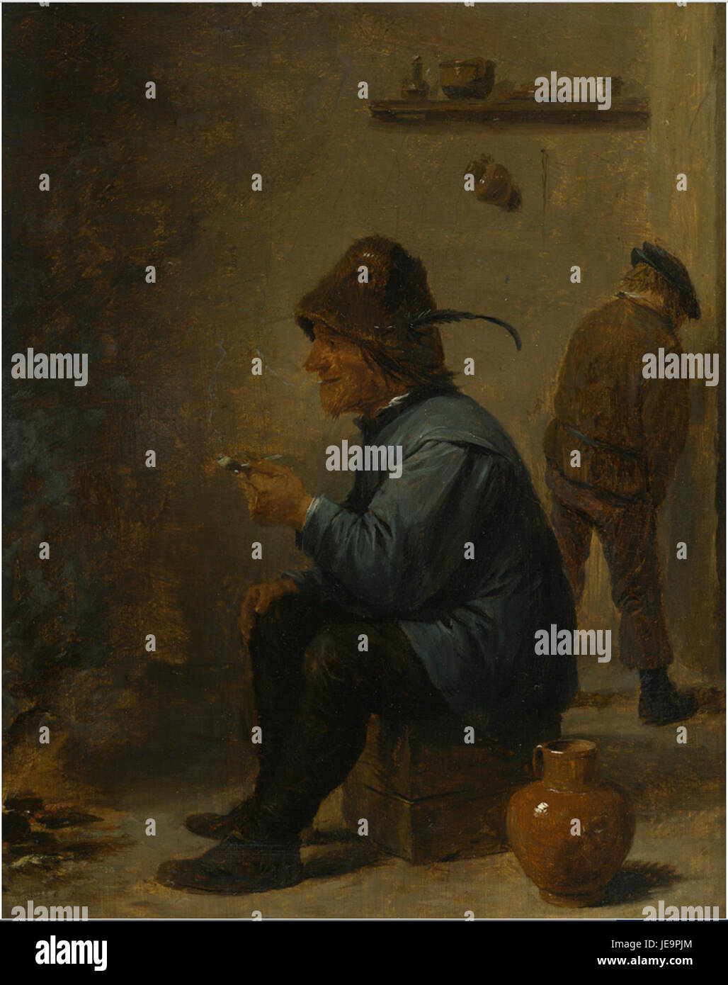 David Teniers II's painting depicts a man holding a pipe, seated by a fire in a tavern, while ...