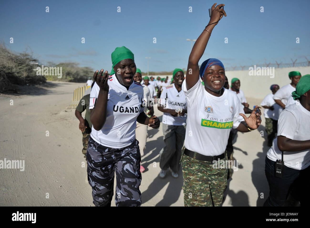 AMISOM female peacekeepers are seen marching during a security ...